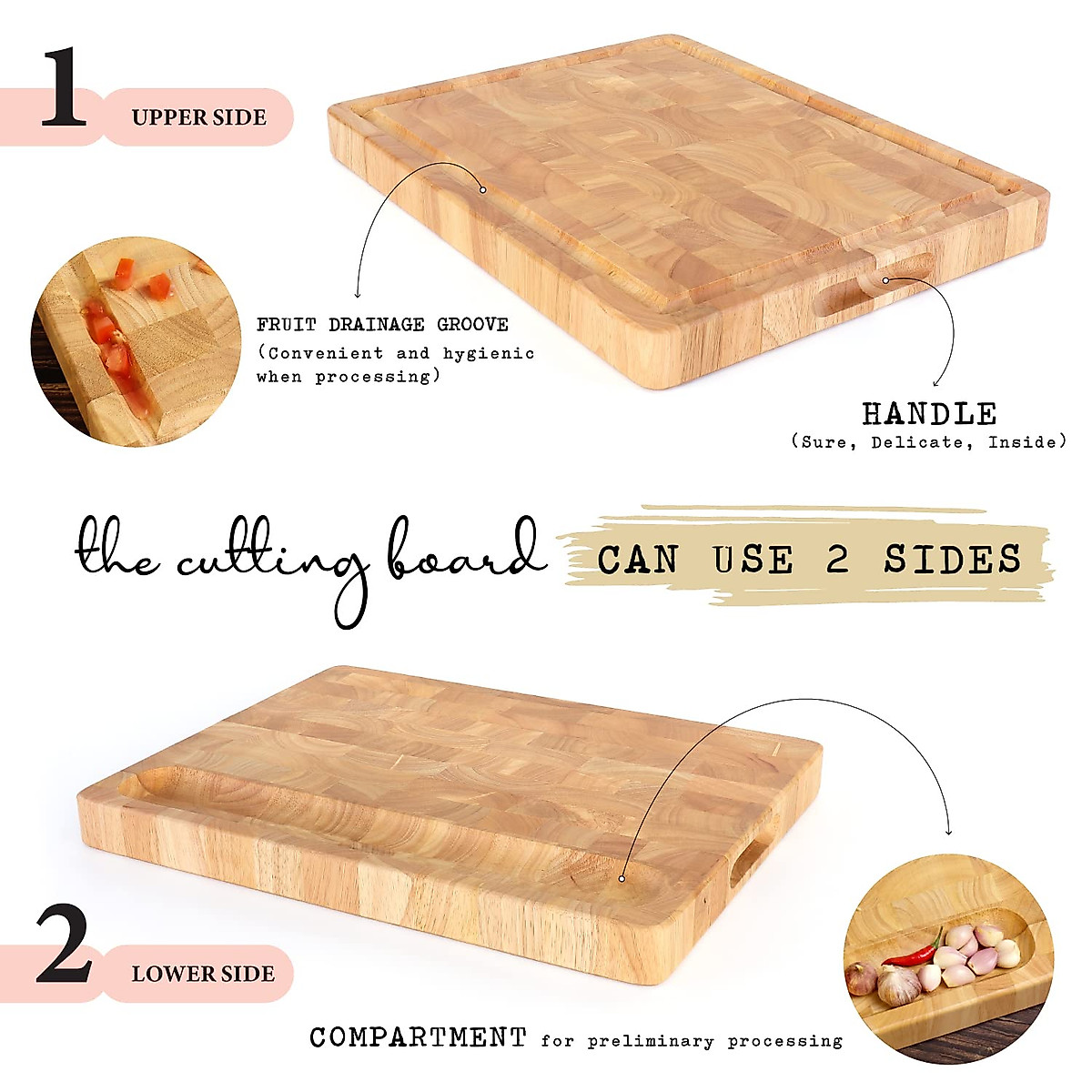 Cutting Board (17x13x1,5in) Wood Cutting Board, End Grain Cutting Board, Wooden Butcher Block, Chopping Board - Reversible Multipurpose For Kitchen with Juice Groove, Cracker Holder & Inner Handles.