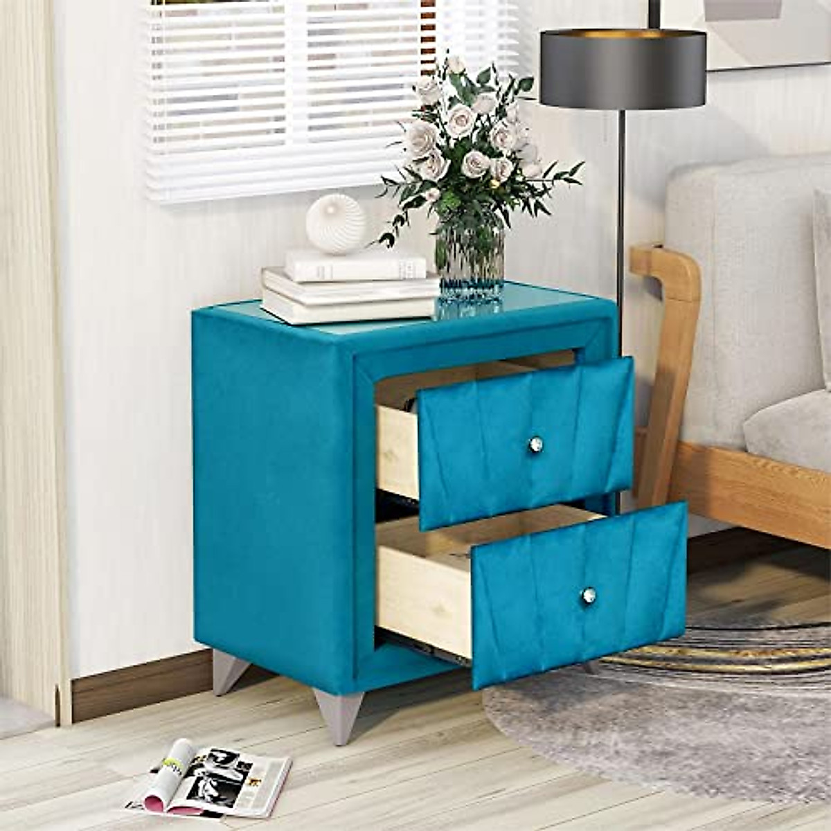 Wood Nightstand with 2 Drawers, Bedside Tables with Velvet Fabric & Glass Worktop, Bed Side Table & Night Stand End Table with Storage for Living Room, Bedroom, Beige, 25"L x 13.7"W x 28.3"H