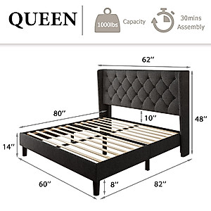 iPormis Queen Bed Frame Upholstered Wingback Platform Bed Frame with Diamond Button Tufted Headboard, 8" Under-Bed Space, Sturdy Wooden Slats, Noise-Free, No Box Spring Needed, Dark Gray