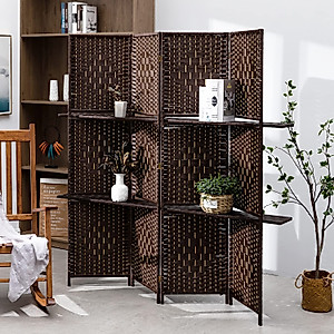 Room Divider 4 Panels Wood Frame Foldable Portable Separator Screen Folding Wall Dividers with Removable Storage Shelves for Home Living Room,Brown