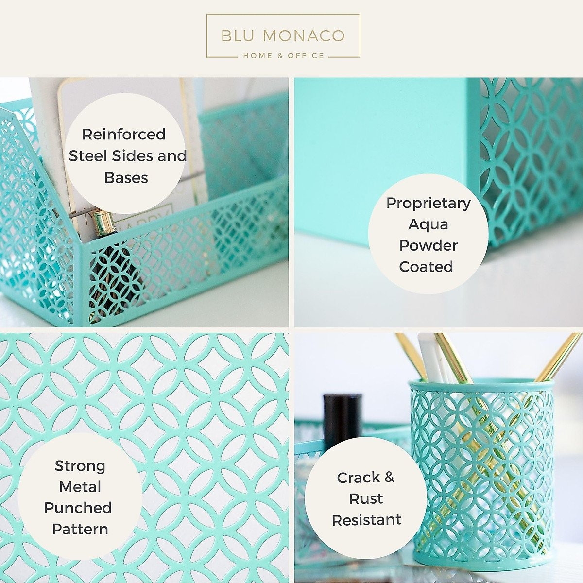 BLU MONACO Aqua - Teal 6 Piece Cute Desk Organizer Set - Desk Organizers and Accessories for Women - Cute Office Desk Accessories - Desktop Organization
