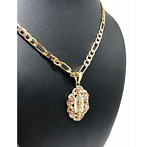 Tri-Color Virgin Mary Flower Pendant Necklace 26" Virgen de Guadalupe Medalla Tres Colores Con Flores