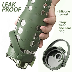 MUKOKO 32oz Glass Tumbler with Straw and Lid,Glass Water Bottles with Time Marker,Iced Coffee Cup,Silicone Sleeve,Leakproof,BPA Free-Olive