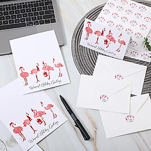 Poen 50 Sets Christmas Flamingo Thank You Cards with Envelopes and Stickers Merry Christmas Greeting Cards 4 x 6 Inches Funny Christmas Cards for Friend Family Coworkers Clients Holiday Wishes