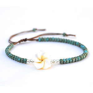 Boho Beaded Anklet for Women and Teen Girls, Unique Bohemian Turquoise and Sterling Silver Beaded Anklet with Hawaii Hawaiian Plumeria Flower, Handmade by Tribes