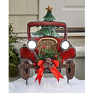 Vintage Truck Christmas Garden Stake with Solar Lights, Faux Tree and Pinecones