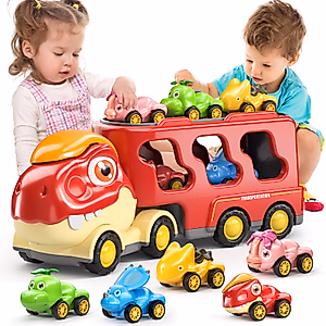 Dinosaur Truck Toys for Kids 3-5, Friction Power Transport Car Load 5 Cartoon Pull Back Dino Figures Vehicle, Toddler Carrier Truck Play Set, Birthday Gift for 3 4 5 6+ Year Old Boys and Girls