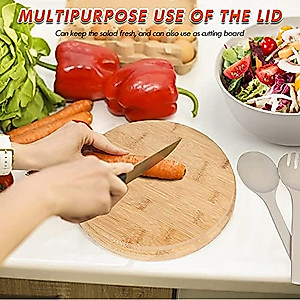 Large Salad Bowl with Lid, Bamboo Fiber Salad Serving Bowl Set with Utensils, 9.8inches Mixing Bowl with Servers, Solid Bamboo Wooden Bowl for Salad, Fruits, Vegetables and Pasta(White)