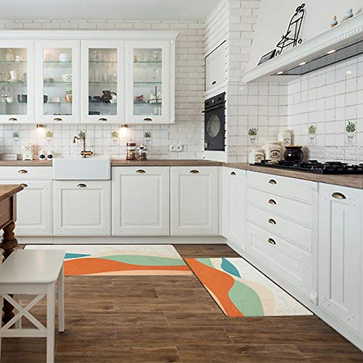 2 Pieces Kitchen Rugs Set Mid Century Modern Boho Orange Geometric Area Rug,Absorbent Bath Mats Soft Doormat Anti Fatigue Floor Mat Minimalist Retro Abstract Art,Non-Slip Cushion Standing Mats