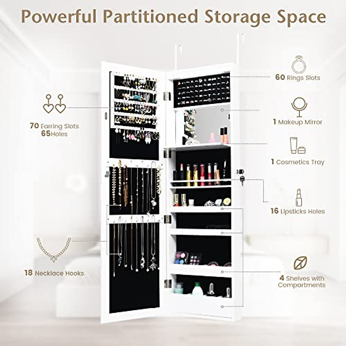 COSTWAY 12 LEDs Jewelry Cabinet, Wall/Door Mounted Jewelry Organizer Cabinet with 53.5” Full Length Mirror & Large Storage Capacity, Lockable Mirror Jewelry Armoire for Women Girls (White)