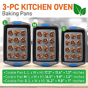 NutriChef 3-Piece Baking Pan Set - PFOA, PFOS, PTFE Free Flexible Nonstick Gray Coating Carbon Steel Bakeware - Professional Home Kitchen Bake Cookie Sheet Stackable Tray w/Blue Silicone Handles