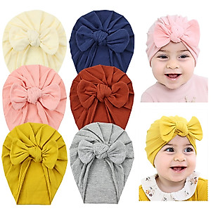 Cinaci 6 Pack Soft Stretchy Turban Hats with Knotted Big Bow Caps Beanies Bonnets Headwraps Hair Accessories for Baby Girls Newborns Infants Toddlers Kids