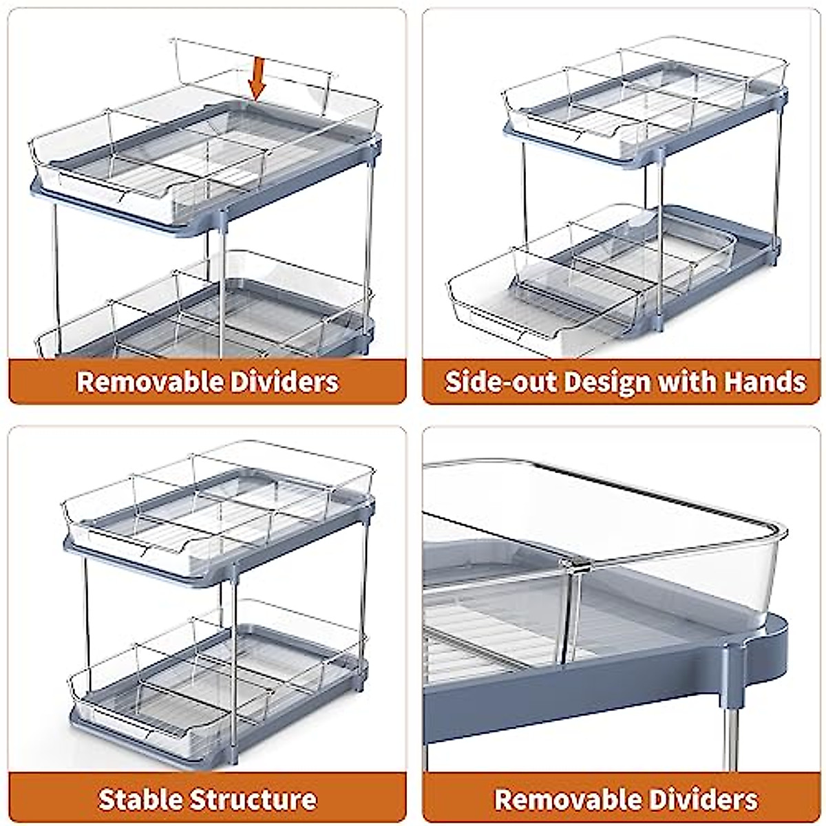 2 PCS Under Sink Organizers and Storage - 2 Tier Clear Bathroom Organizer Countertop, Multifunction Pull out Cabinet Organizer with 4 Movable Dividers, For Home, Kitchen, Office, Cabinet