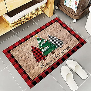 Arts Print Kitchen Rug Mat Set of 2,Merry Christmas Buffalo Plaid Pine Tree Wooden Board Runner Rug,Non-Slip Durable Kitchen Floor Mat for Sink,15.7x23.6Inch+15.7x47.2Inch