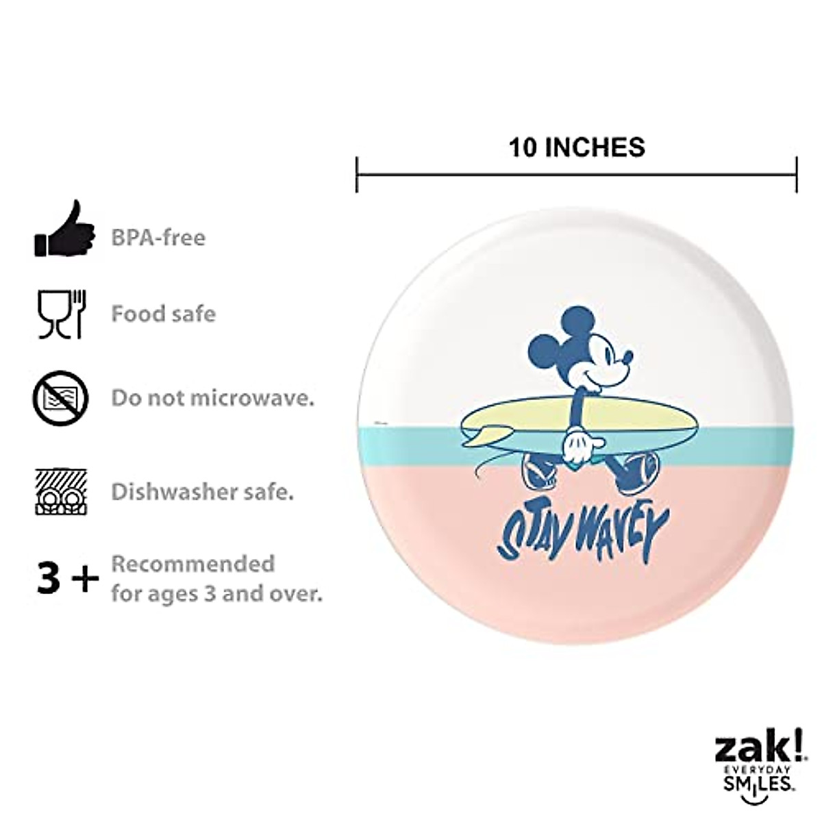 Zak Designs Disney Mickey Mouse Street Beach (Stay Wavey) - Kids Dinnerware Set, Includes 10in Melamine Plate and 27oz Bowl Set, BPA-Free Durable Plate and Bowl Makes Mealtime Fun
