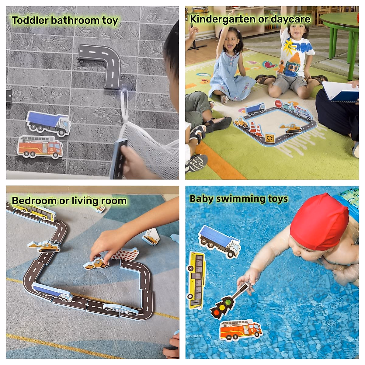 Foam Bath Toys for Toddlers- 29 Piece Vehicles Bath Stickers with Storage Bag Educational Floating Bathtub Traffic Preschool Non-Toxic Fun Bathing for Baby Girls Boys Toddler Kids