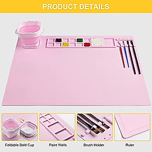 Silicone Painting Mat, Art Mat with Cup, Craft Paint Brush Cleaner Tool, Artist for Kids Gift Clay DIY Creations (Pink)