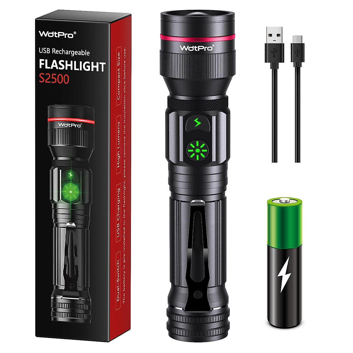 WdtPro Flashlights Rechargeable, 2000 High Lumens Super Bright LED Flashlight Portable, 5 Modes Dual Switch Tactical Flashlight with Clip, Waterproof Zoomable for Camping Emergency, Battery Included