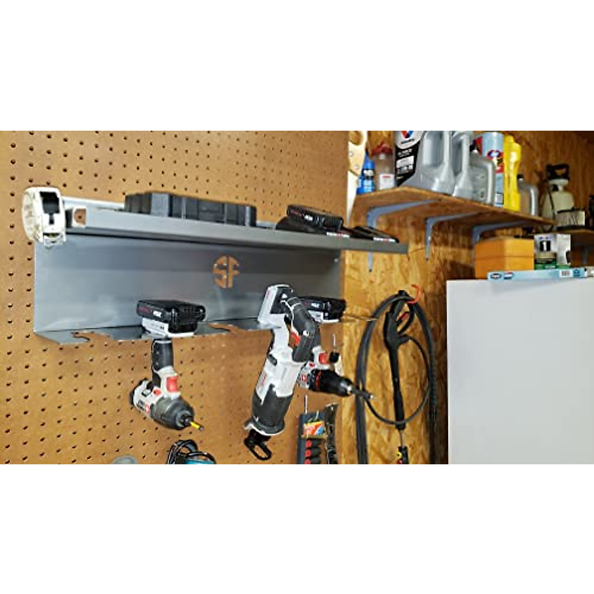 Speed Fabrication Power Deck 6-Slot Wall Mount Tool Holder with Battery Rack Storage Shelf - Cordless Tool Holder Organizer and Storage Rack