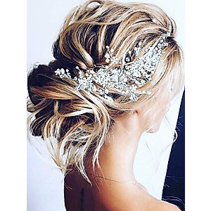 Unicra Bride Flower Wedding Hair Vine Crystal Bridal Hair Piece Rhinestone Party Hair Accessories Leaf Jewelry Bead Headpiece for Women and Girls (Silver)