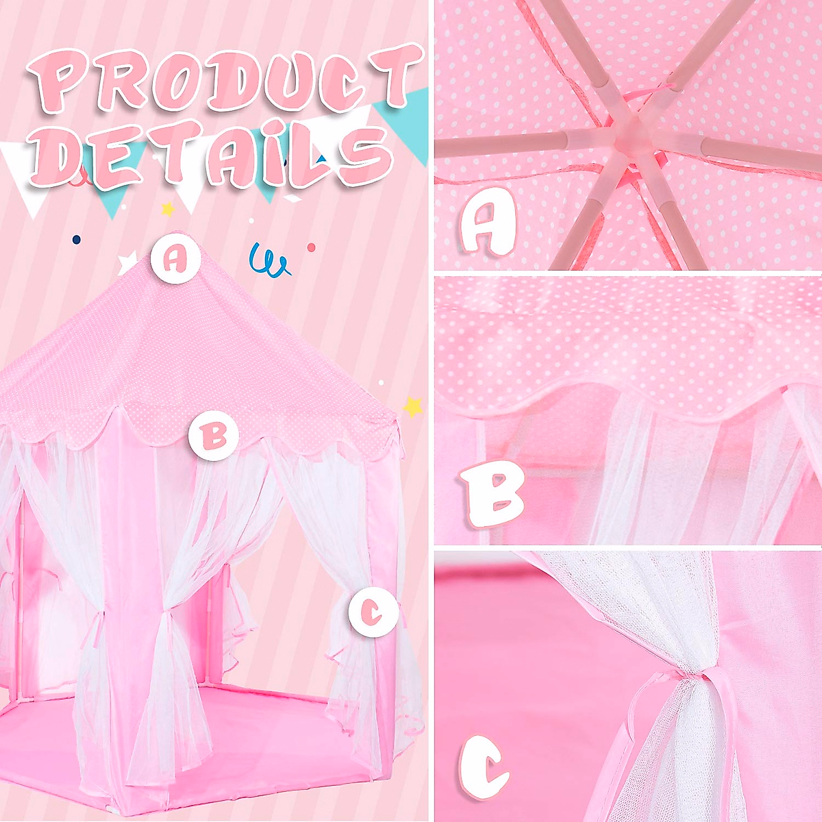 Rettebovon Princess Castle Tents Kids' Fairy Play Tents Girls Toys Hexagon Playhouse with Star Lights Toys for Children Indoor or Outdoor Game Girls Gift