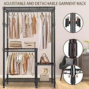 YEPOTUE Portable Closet Organizer System Heavy Duty Garment Rack, 4 Tiers Adjustable Clothes Rack Freestanding Wardrobe Storage Clothing Rack for Hanging Clothes, 79" H*45" W*16.5" D, Black