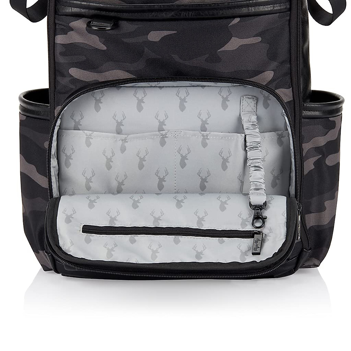 Itzy Ritzy Chelsea + Cole Diaper Bag Backpack - Large Capacity Boss Backpack Diaper Bag; Includes Changing Pad, Stroller Clips and Tassel, Camo with Stag Head Print Interior and Black Hardware