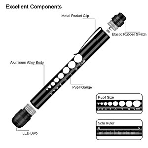 Pen Light, Phileex Medical Pen Light Nurse Pen Lights with Pupil Gauge for Nurses Nursing Students Doctors 2pcs Black with Batteries