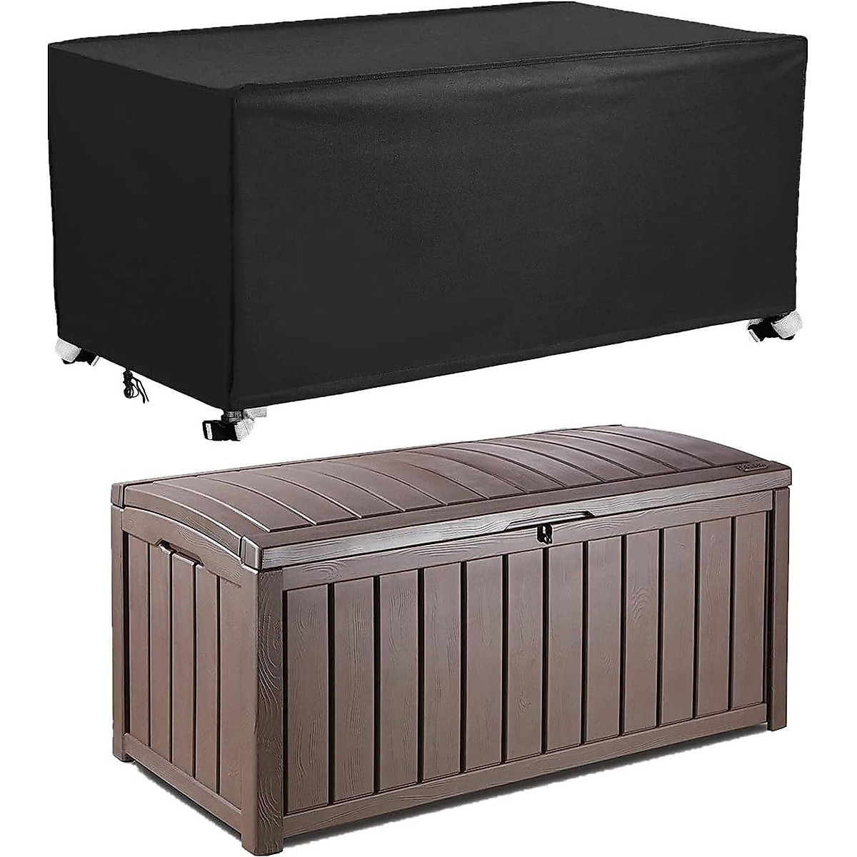 UCARE Deck Box Cover 420D Outdoor Patio Waterproof Oxford Fabric Coated with Silver Dustproof Deck Storage Box Protector with Elastic Buckles on All 4 Corners Wheels Protect from Wind Rain Snow Black