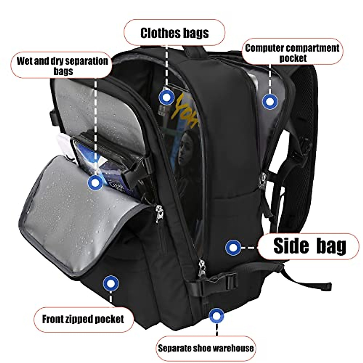 Large Travel Backpack for Women,Carry On Backpack,Laptop Backpack for Hiking,College Bookbag,Outdoor Sports Bag,Casual Daypack with USB Port & Shoe Compartment,Fits 17 Inch,Men & Lady,Black