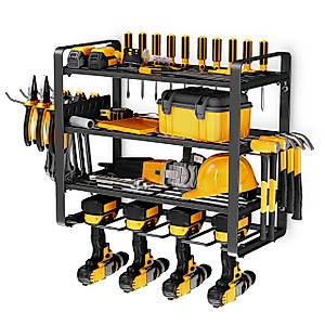 Zhirxo Power Tool Organizer Wall Mount - 4 Layers Cordless Tool Storage Rack with 4 Drill Holders - 4 Slot Matte Black Metal Workshop Garage Tool Organizer Shelf - 200-Lbs Load Capacity