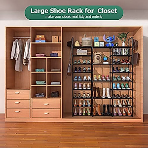 TDFERAN 9-Tier Shoe Rack, Large Shoe Organizer for Closet with Side Hooks, 50-55 Pairs Shoe and Boots Space Saving Free Standing Stackable Metal Shoe Rack Storage for Entryway Hallway Bedroom