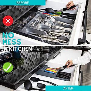 SAVUK Silverware Organizer, Compact Cutlery Organizer, Large Kitchen Drawer Utensil Divider Tray, Small Silverware Holder Spoon Fork Flatware Storage, 9 Section (Knives Organizer)