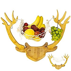 Opohaome Farmhouse Wooden 2 Tier Tray Kitchen Table Decor Serving Tier Tray Fruit Basket Bowl with Banana Hanger Macrame Fruit Hammock Creative Decorative Trays Two Tier Tray Cupcake Stand
