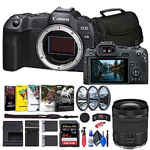 Canon EOS R8 Mirrorless Camera (5803C002) RF 24-105mm Lens + 64GB Memory Card + Filter Kit + Corel Photo Software + Bag + Charger + LPE17 Battery + Card Reader + Flex Tripod + More (Renewed)
