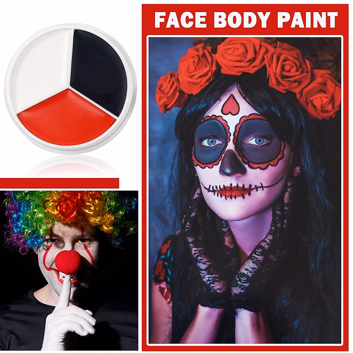 QIUFSSE Clown Makeup Kit,White Black Red Face Body Paint for Adults Professional Oil Based Waterproof Halloween Cosplay SFX Special Effects Makeup Kit