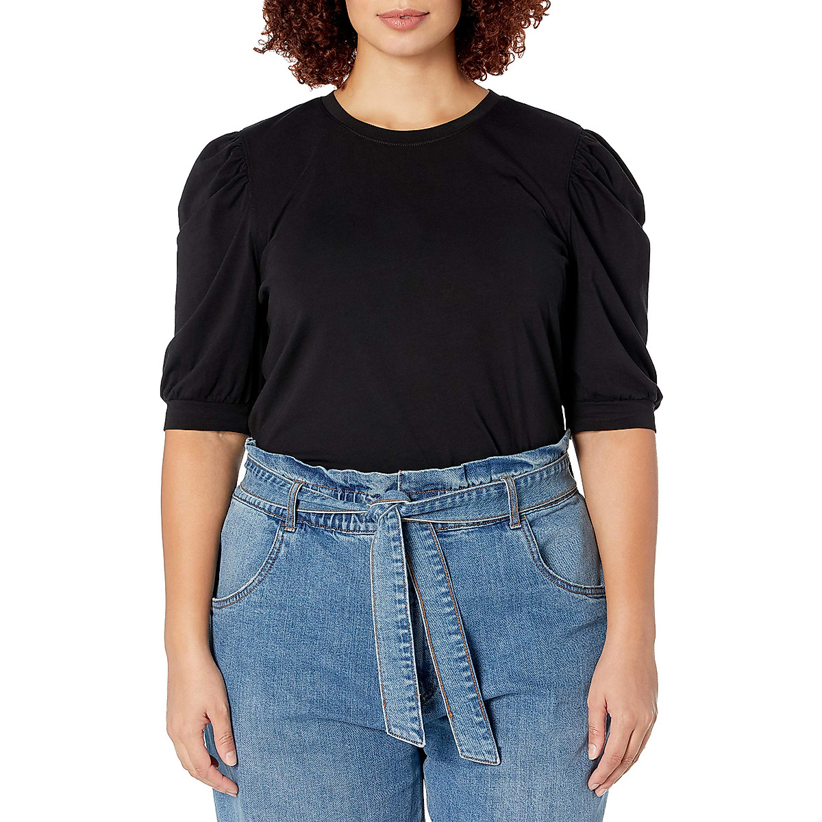 The Drop Women's Mariko Puff Sleeve Crew Neck T-Shirt, Black, 2X Plus Size