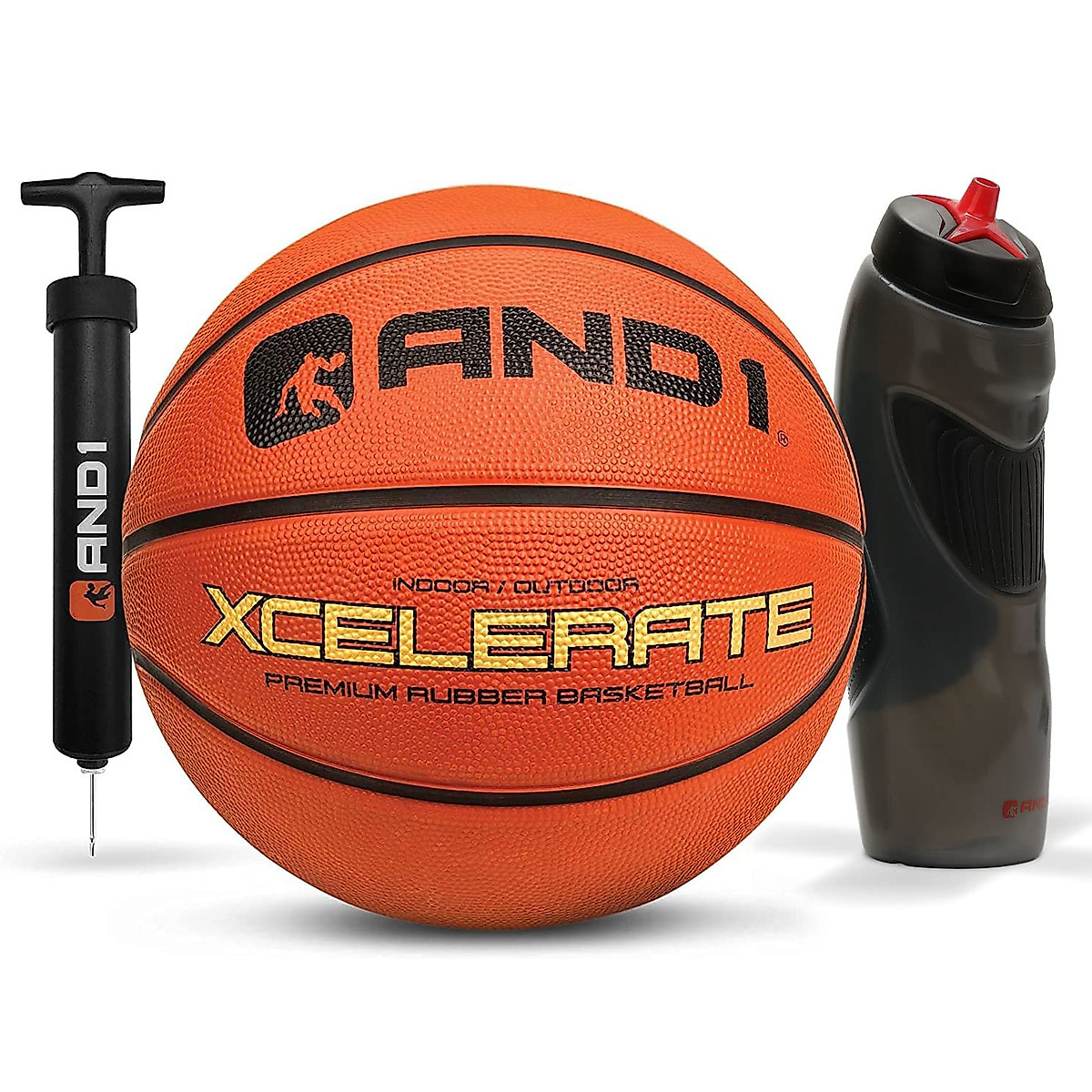 AND1 3-Pc Premium Rubber Basketball Bundle – Includes Official Regulation Size 7 (29.5”) Streetball (Deflated), Ball Pump and Squeeze Water Bottle Made for Indoor and Outdoor Basketball Games,Orange