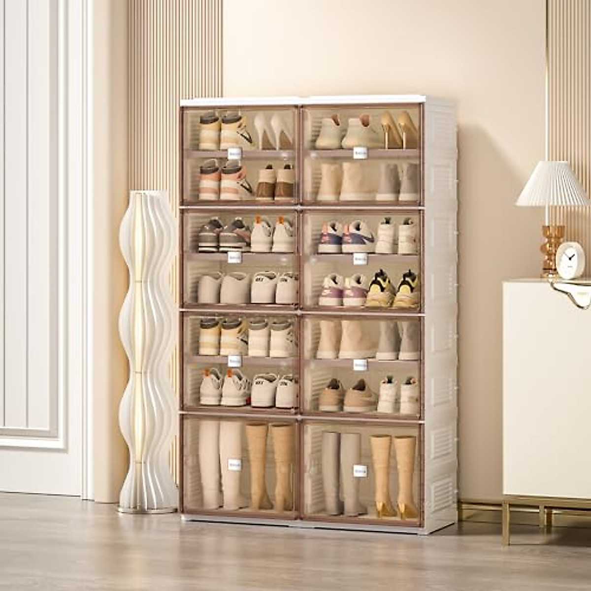 BINSIO Shoe Storage Cabinet 7 Tiers for 28 Pairs, Collapsible Shoe Racks Organizer, Easy Assemble Foldable Shoe Boxes, One Piece Portable White Plastic Shoe Cubby for Closet, Entryway, Bedroom