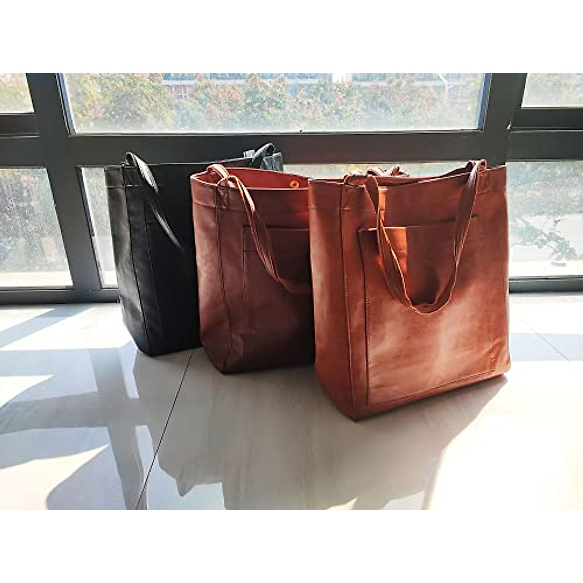 Women Tote Bags Top Handle Satchel Handbags PU Faux Leather Shoulder Purse (saddle tan)