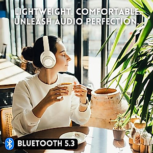 Bingozones B7 Pro Bluetooth Headphones Wireless Over Ear 65 Hours Playtime Foldable Deep Bass HiFi Stereo Headsets with Mic Lightweight Memory Foam Soft Earmuff, for Phone,TV,Travel Beige