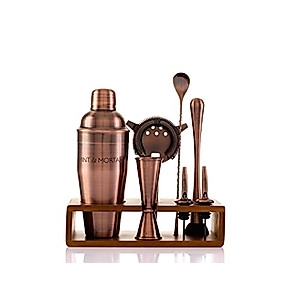 Mint & Mortar Cocktail Shaker Set, 7-Piece Bartender Kit with Stand, 24oz Martini Shaker Bottle Stainless Steel Bar Tools, Home Bar Accessories Drink Mixer, Barware Gift Set - Brushed Copper
