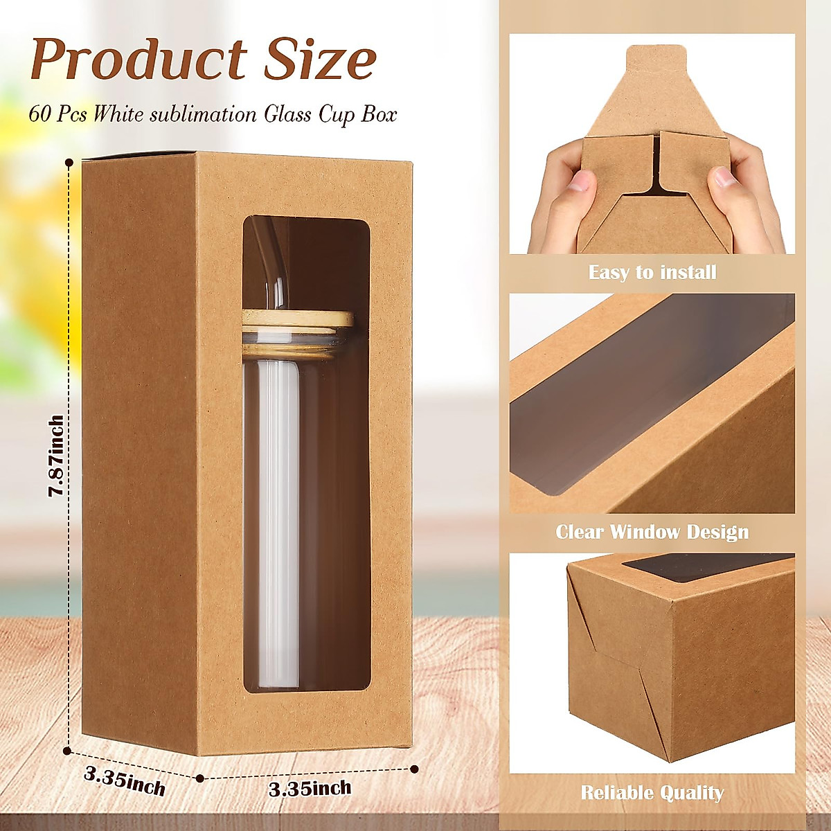 FillTouch 60 Pcs Gift Boxes with Ribbon for Sublimation Glass Exhibition Boxes Transparent Gift Box for 12oz 16oz 20oz Drinking Glasses Jar Sublimation Glass Can Blank Tumbler Gift Box (Brown)