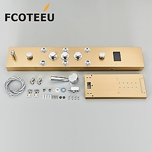 FCOTEEU Brushed Gold Shower Panel with Rainfall Waterfall Shower Head, 6 Adjustable Body Massage Jets Handheld Temperature Dispaly, Wall Mounted Stainless Steel Shower Column Tower