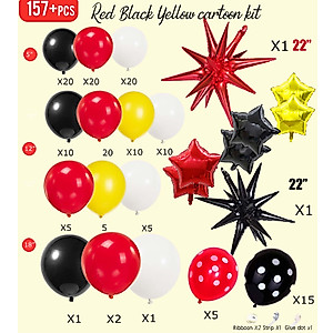 Cartoon Mouse Balloon Garland Kit 157pcs Black Red Yellow White balloons with Foil Starburst Cute dot balloons for kid Cartoon TV Video Game theme Racing car Birthday Decorations