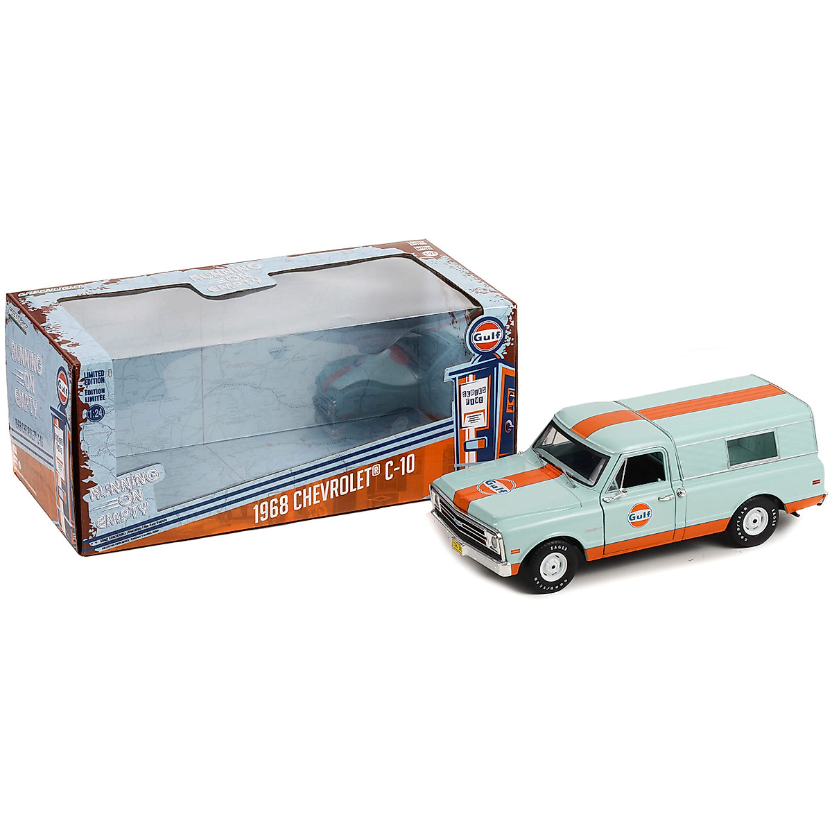 Toy Cars 1968 Chevy C-10 Pickup Truck Light Blue w/Orange Stripes w/Camper Shell Gulf Oil Running on Empty Series 5 1/24 Diecast Model Car by Greenlight 85062