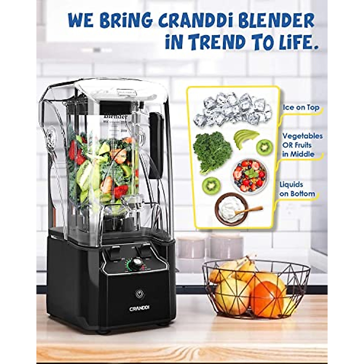 CRANDDI Quiet Commercial Blender with Soundproof Shield, 2200 Watt Professional Blenders for Kitchen with 80oz Jar and Self-Cleaning, High-Speed Blenders K90 Black