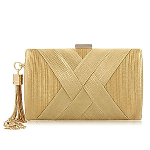 KISSCHIC Women's Elegant Tassel Evening Clutch Bag Stain Fabric Clutch Purse for Bride Wedding Prom Night Out Party (Gold)