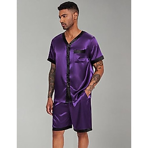 Ekouaer Silk Pajamas for Men Satin Pajama Shorts 2 Piece Button Down Pj Set V Neck Sleepwear Loungewear with Pockets S-XXL Purple