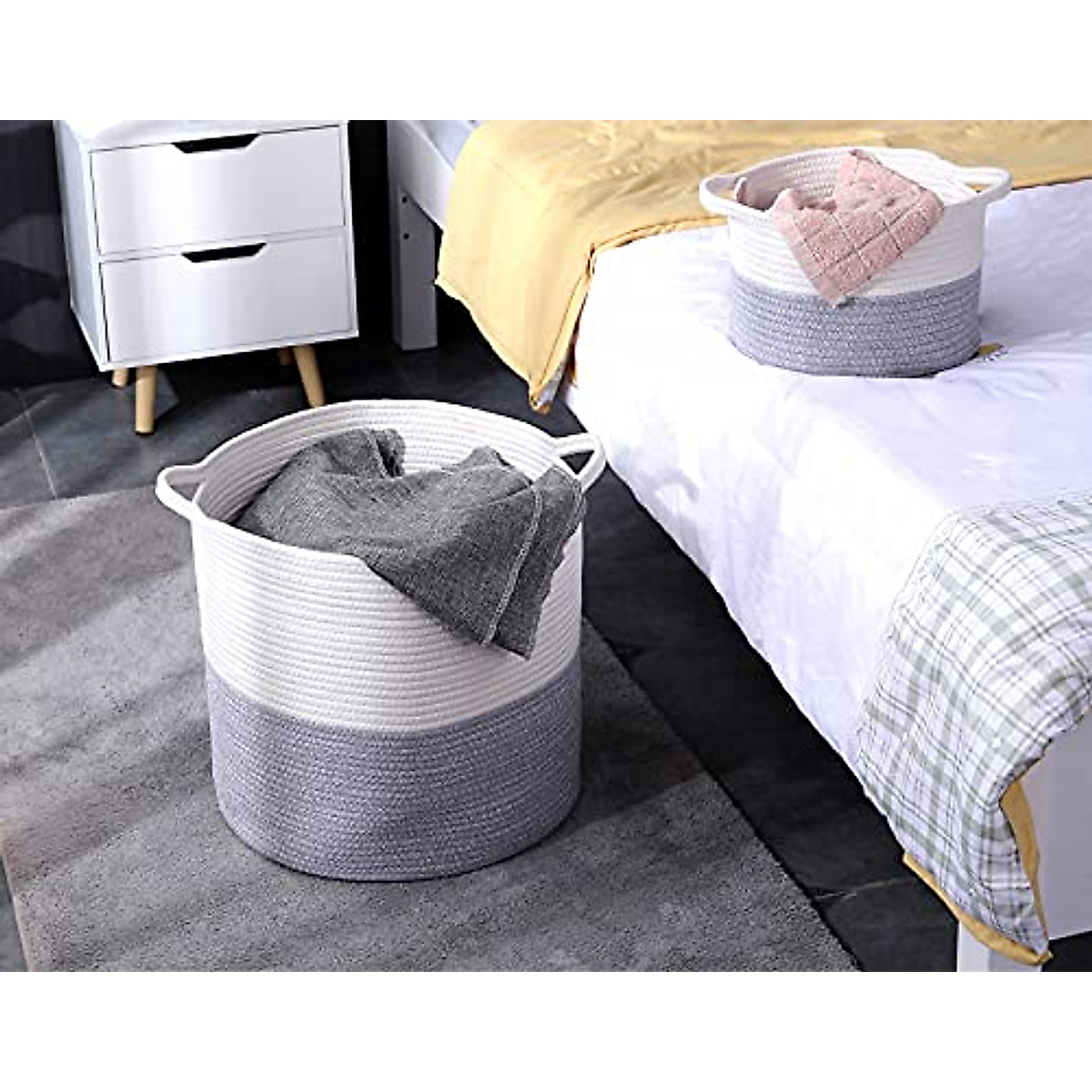 MRECHIR 2pc Large Woven Cotton Rope Basket with Handles 18" x 15" Laundry Hamper - Blanket Basket Living Room - Basket for Toys-Decorative Baskets for Storage - Pillow Basket - White&Grey